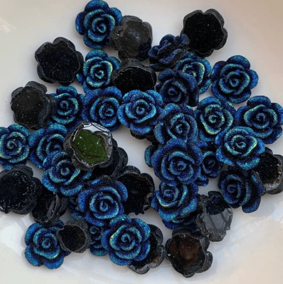13mm Black-Blue Frosted AB Roses Floral Flat Back Glue On Resin Gem ...